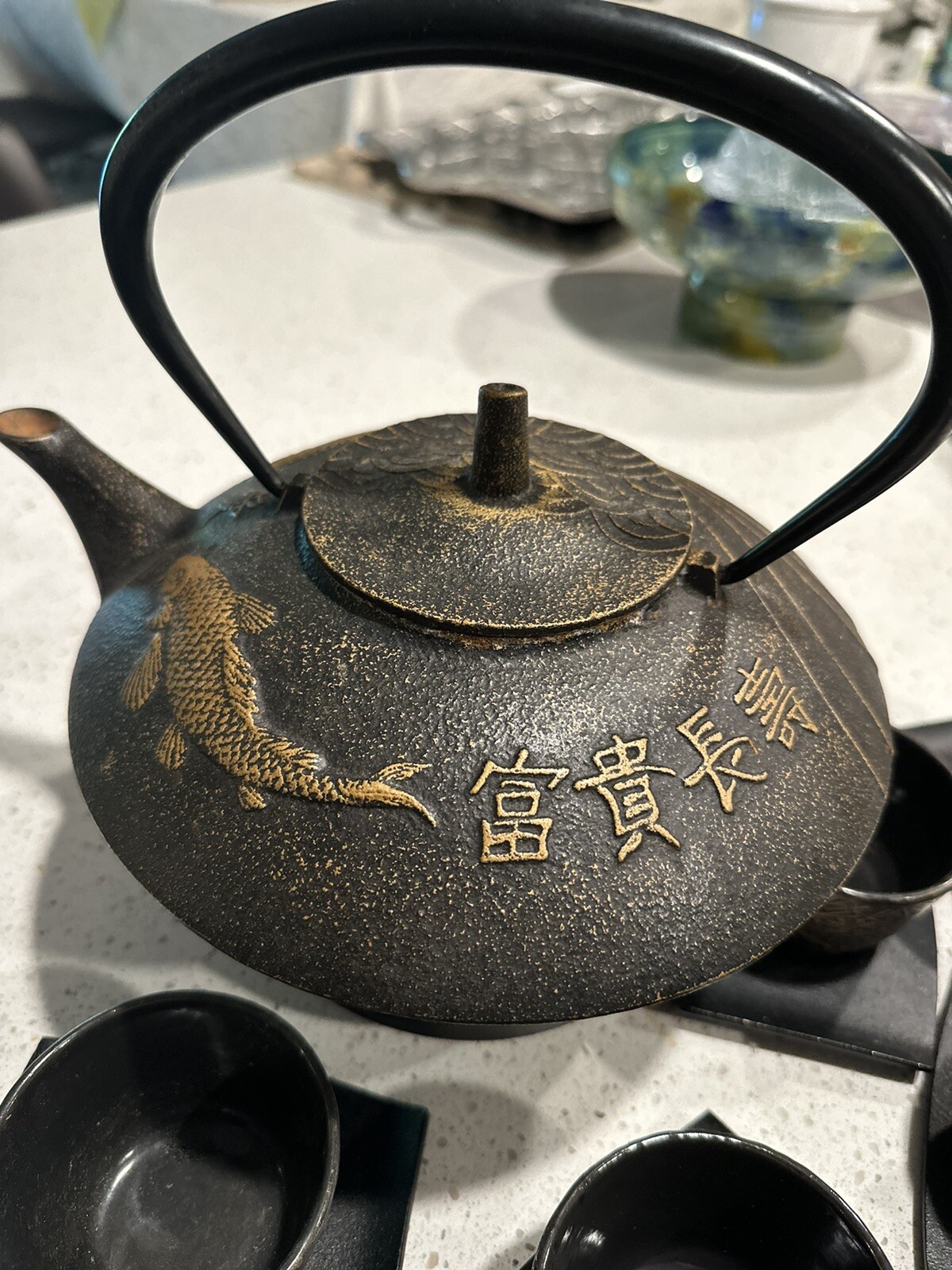 TEAVANA Koi Fish Cast Iron Tea Pot Kettle Cups Saucers And Warmer Set ...