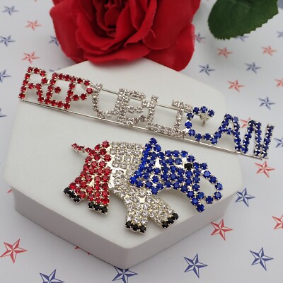 Vtg Republican Elephant 2 Pin Brooch Red White Clear Rhinestone Silver ...