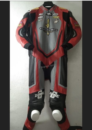 ZONE Racing motorcycle black/Silver and Red Leather Suit | eBay