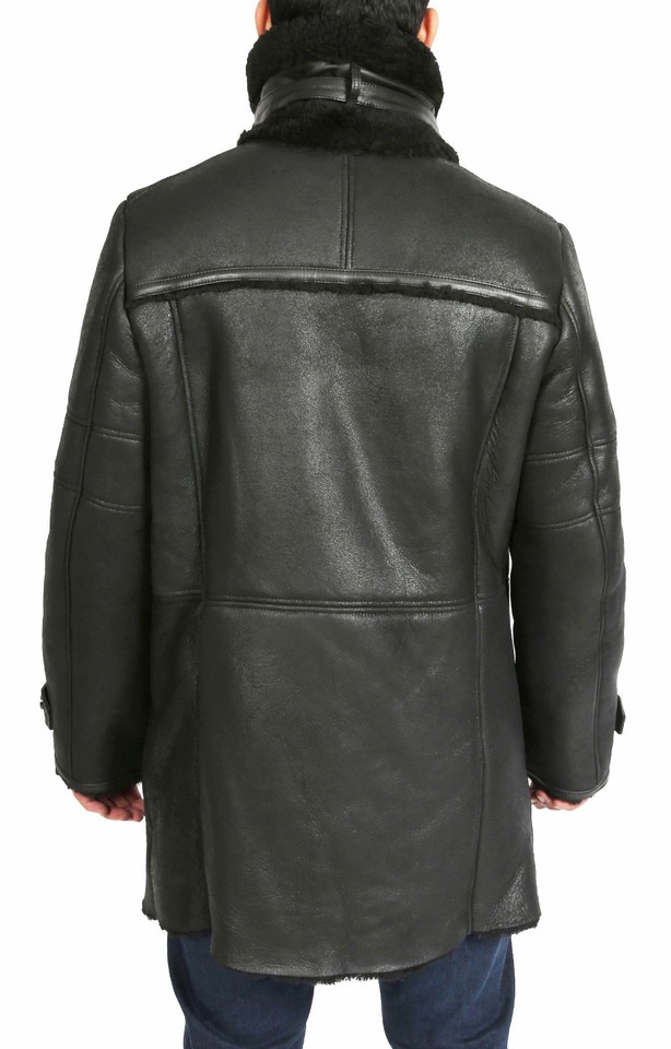 Mens Genuine Sheepskin Reefer Coat 3/4 Long Double Breasted Shearling ...