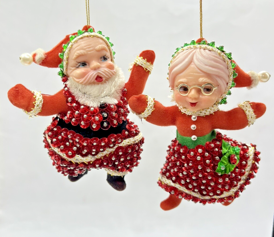 3 Sequin Push Pin Ornaments Flocked Mr & Mrs Santa Claus & Snowman Pushpin VTG | eBay