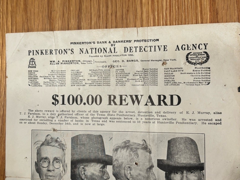 ORIGINAL Pinkerton Wanted/RewardPoster 1919. NEAT Piece! Wanted Is E. J. Murray | eBay