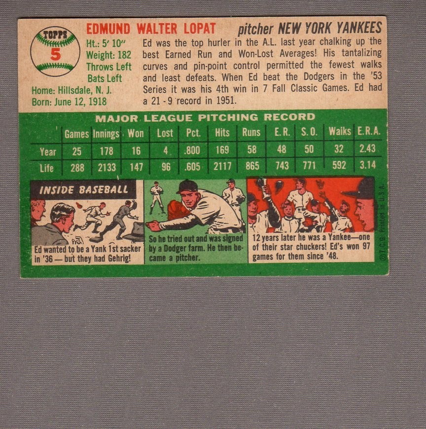 1954 Topps Baseball # 5 Ed Lopat of the New York Yankees EX/NRMT | eBay
