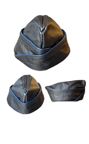 Gay Fetish TRIANGLE Black with Blue Trim Cap Real Leather Army Hat size ...