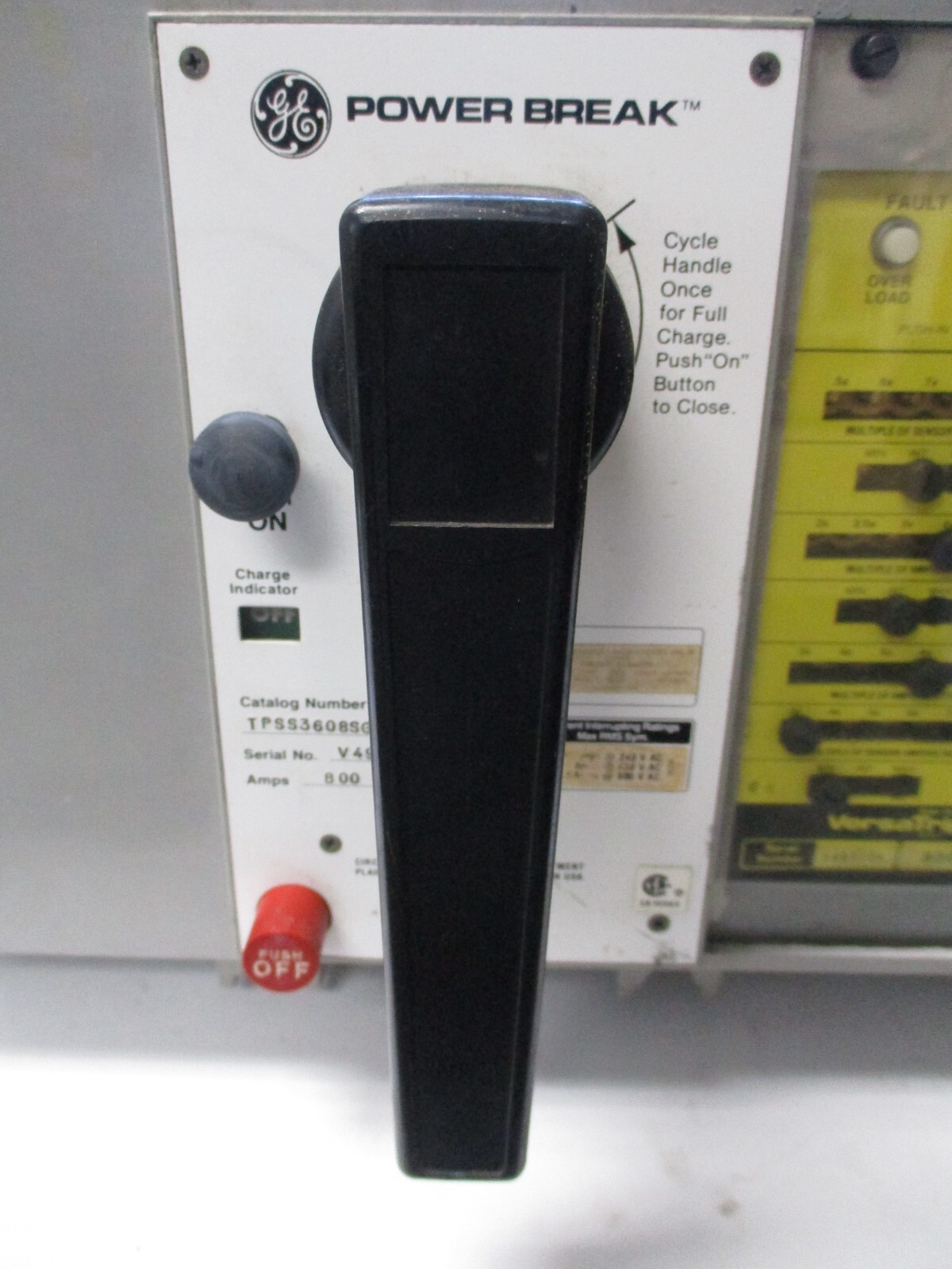 GE POWER BREAK BREAKER, CAT# TPSS3608SGA3, 800AMP WITH FAULT TRIP ...