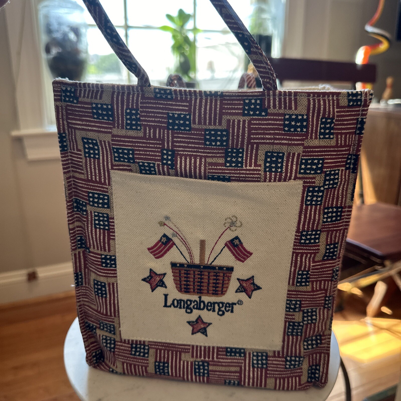 Longaberger Homestead Patriotic Flags Tote Bag Embroidered w/liner 9”x ...