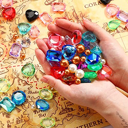 131Pcs Pirate Gems Fake Treasure Jewels with Pearls in Sack Bag Kids ...