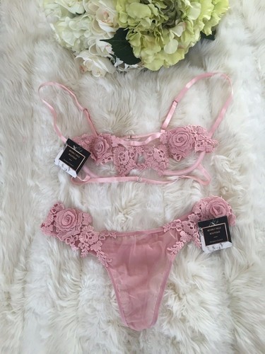 NEW! 2 PIECE SET Petal Pink Bralette Sexy Lingerie Rose Appliqué ...