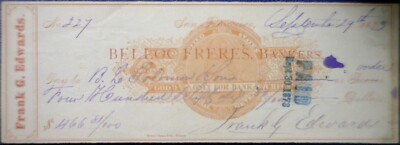 1873 Belloc Freres Bankers SAN FRANCISCO CALIFORNIA Bank Check LOT #67 ...