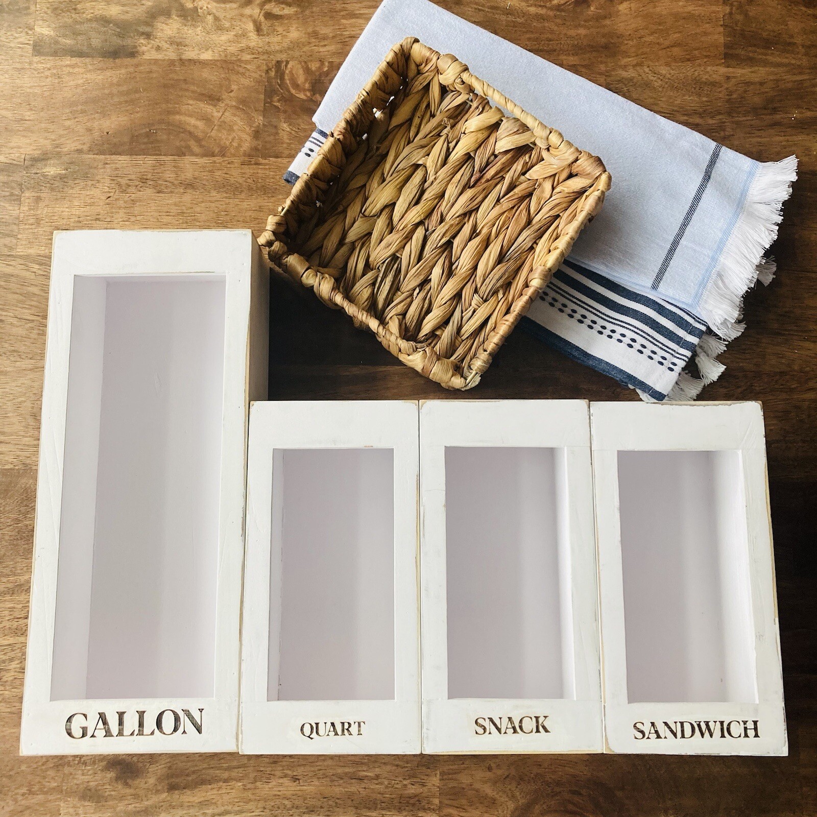 White Ziplock Bag Storage Organizers for Kitchen Drawer Wood Boxes Set ...