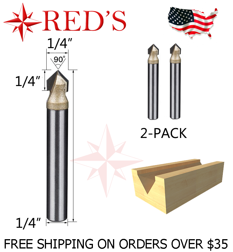 2 Pack Tideway Carbide PRO LC03010404 1/4" 90 V Groove 1/4" shank ...