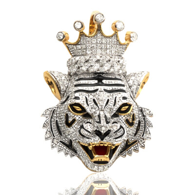 10k Yellow Gold 0.80ctw Diamond Tiger with Crown Pendant | eBay