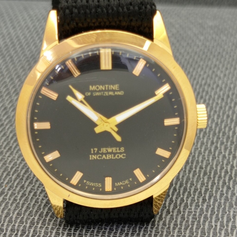VINTAGE MONTINE 17 JEWELS HAND-WINDING SWISS MENS BLACK COLOR DIAL ...