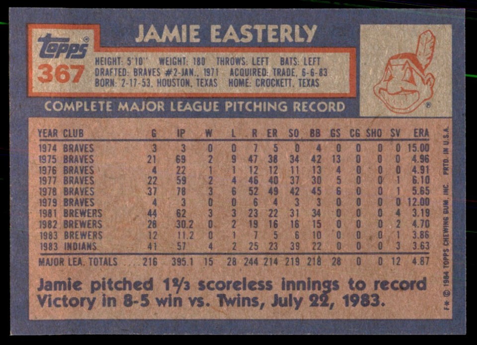 1984 Topps Cards Jamie Easterly . Cleveland Indians #367 | eBay