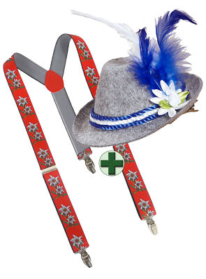 Bayernhut mini grau Damen Tiroler Oktoberfest Hut mit Hosenträger rot ...