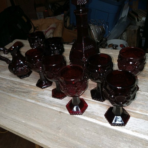 Avon Cape Cod Decanter, 8 Wine Glasses & Small Cream Container Set, Red ...