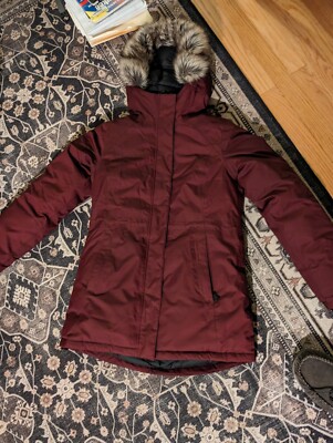 Eddie Bauer Goose Down Parka Weatheredge Faux Fur Hood Merlot Coat ...