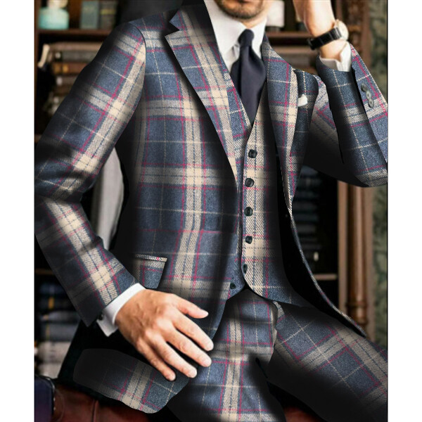 Checked Men Suits Regular Fit Single Breasted Wedding Tuxedo Notch ...