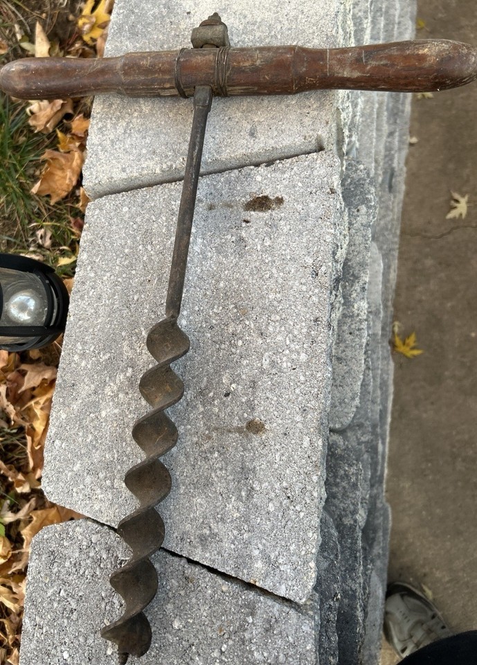 Antique T Handle Wood Iron Auger Barn Beam Hand Drill Primative Vintage ...