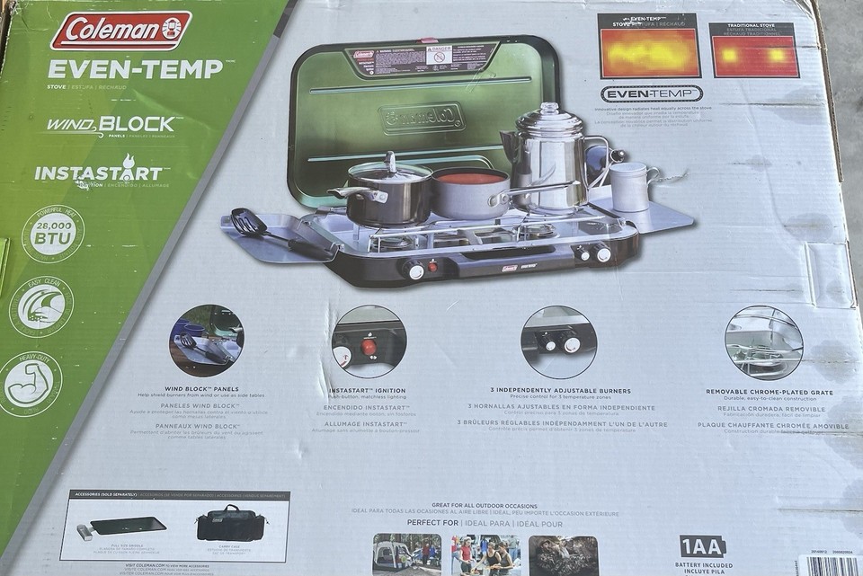 Coleman Even-Temp 3-Burner Propane Camp Stove Wind Block 28k BTU (New ...