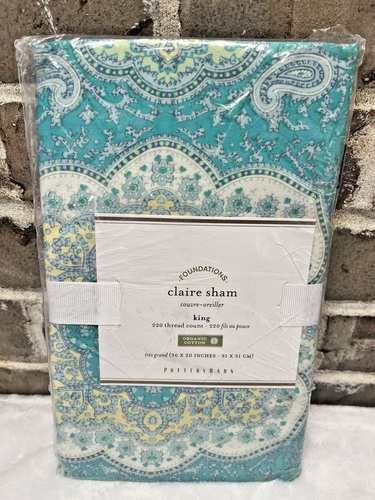 Pottery Barn Claire Sham King 36" X 20" Blue Paisley 220 TC Organic ...