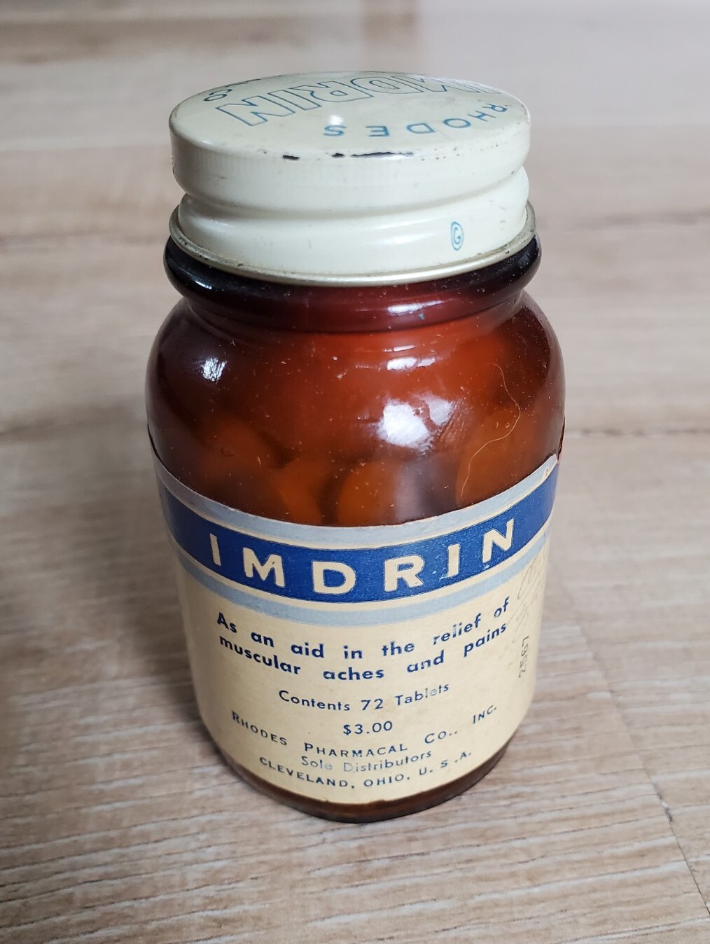 Vintage IMDRIN Pain Reliever Full in Glass Bottle W/ Cotton 72 Tablets ...
