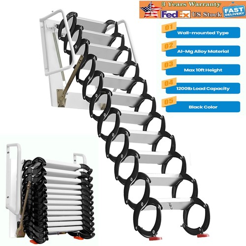 10FT Wall-Mounted Folding Ladder with Handrails, Pull Down System Attic ...