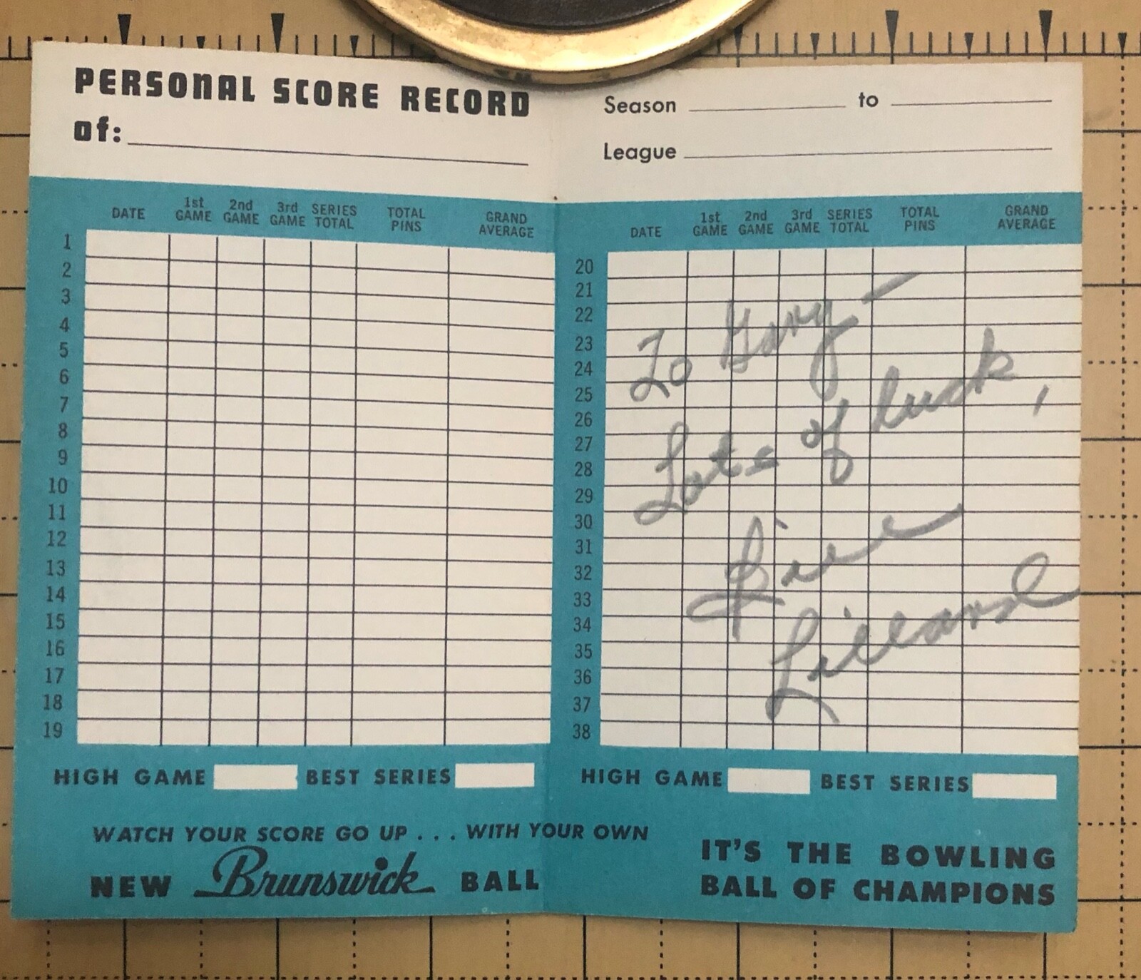 Bowling Score Card with signature of PRO BOWLER BILL LILLARD Walworth ...