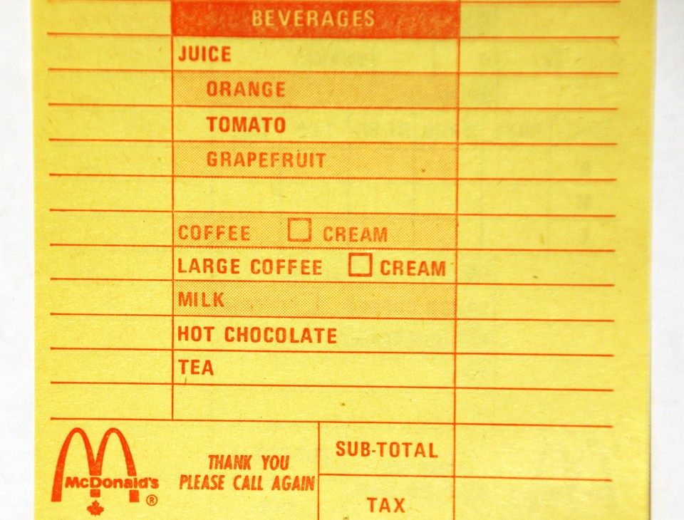 1977 McDonalds Cash Register Meal Order Taking Form Sheet Menu Pad ...