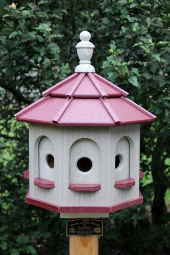Med Amish Gazebo Birdhouse Post Mount Handcrafted Birchwood & Red Roof ...