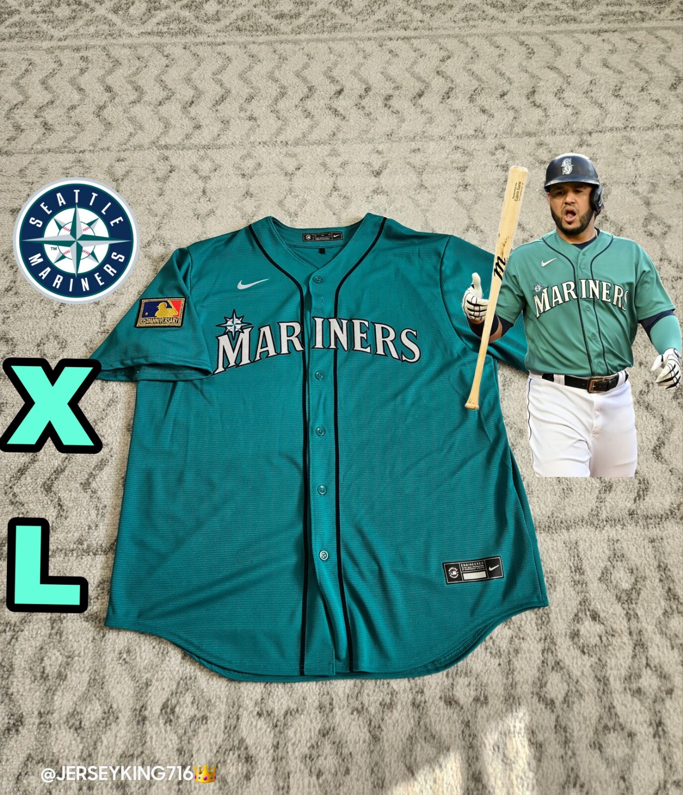 Nike Seattle Mariners Aqua Teal Alternate Jersey Men's XL With 125th ...