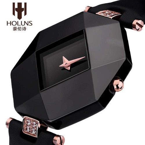 HOLUNS Octagon Crystal Ceramic Women Quartz Wrist Watch Genuine Leather ...