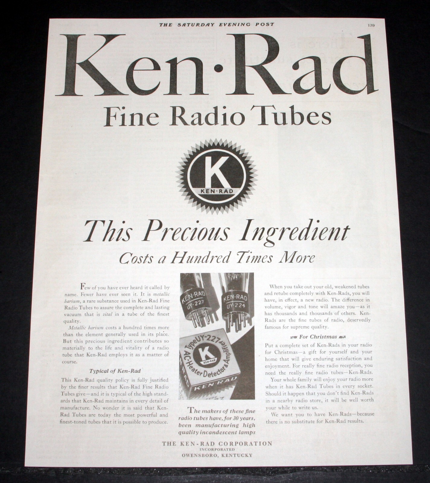 1930 OLD MAGAZINE PRINT AD, KEN-RAD FINE RADIO TUBES, USE RARE METALLIC ...