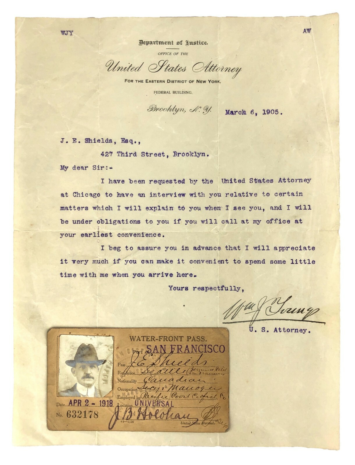 DOJ JE Shields Waterfront Pass 1918 US Attorney W. Young Signed by ...