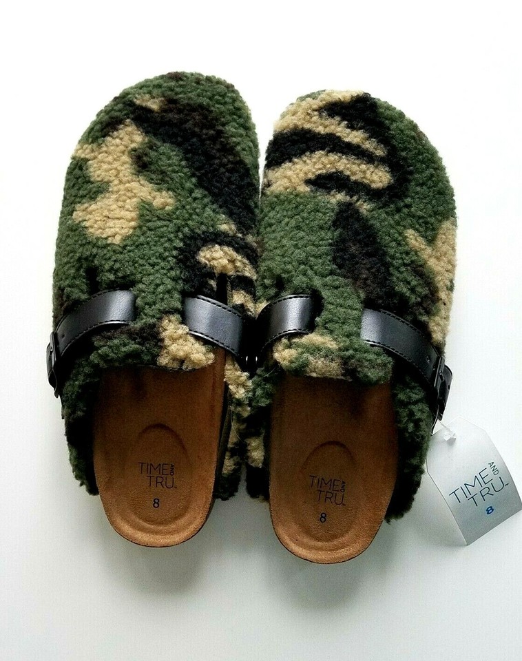 Time & Tru Womens Sz 8 Shoes Sherpa Clogs Green Camo Camouflage Comfort ...