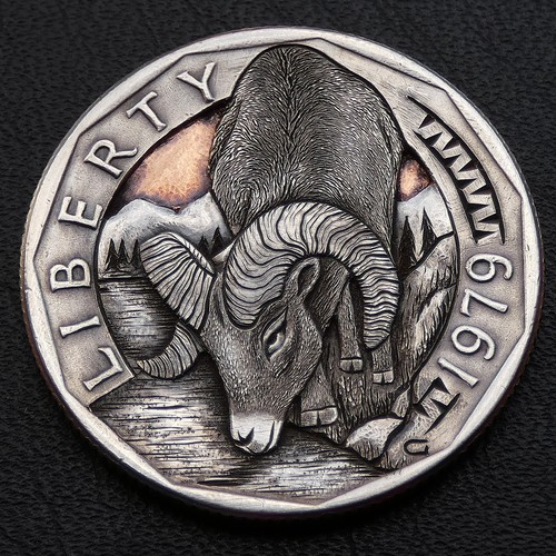 hobo nickel "Ram" Bighorn Sheep Wild Animal hand carved one dollar coin ...
