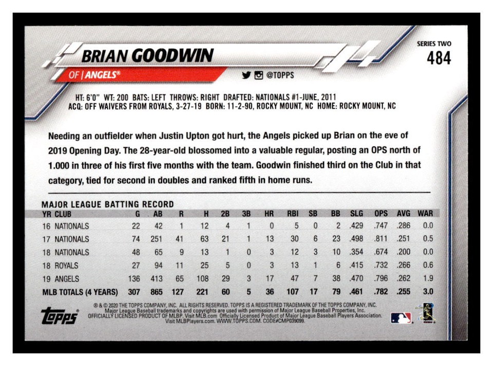 2020 Topps #484 Brian Goodwin - Los Angeles Angels | eBay