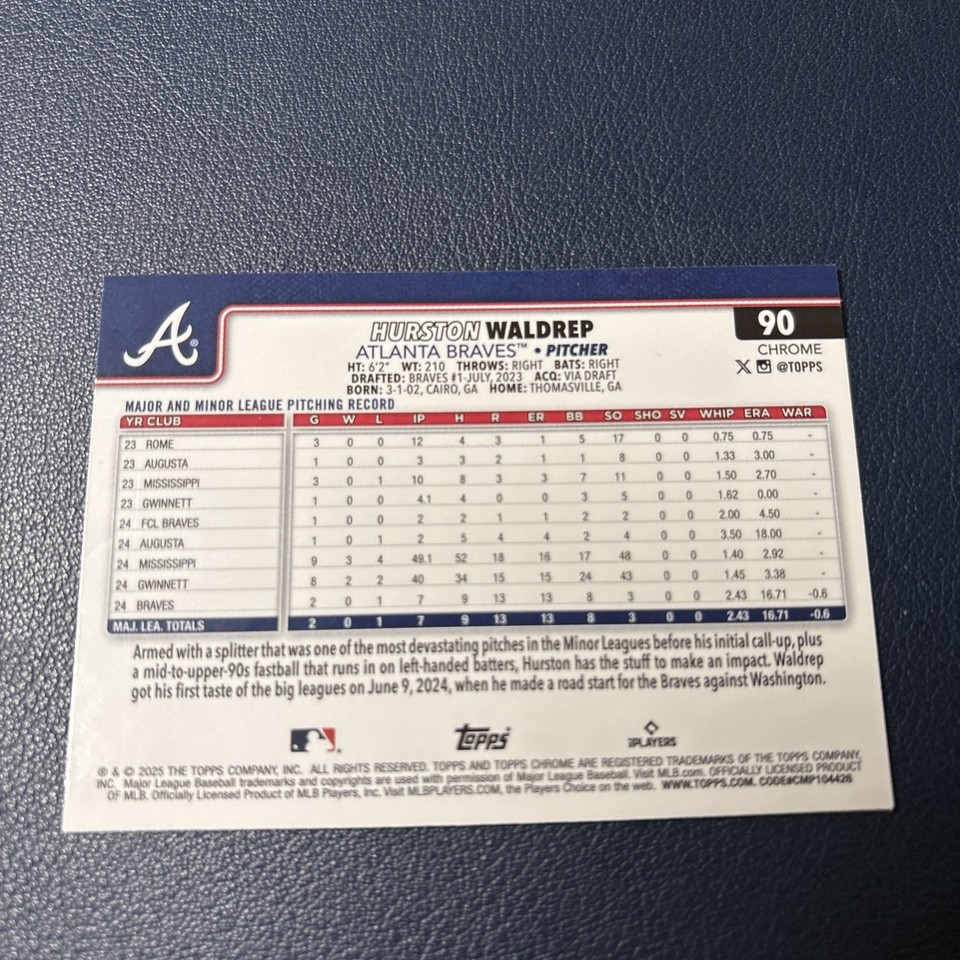 2025 TOPPS Chrome Hurston Waldrep #90 Ray Wave Refractor RC | eBay