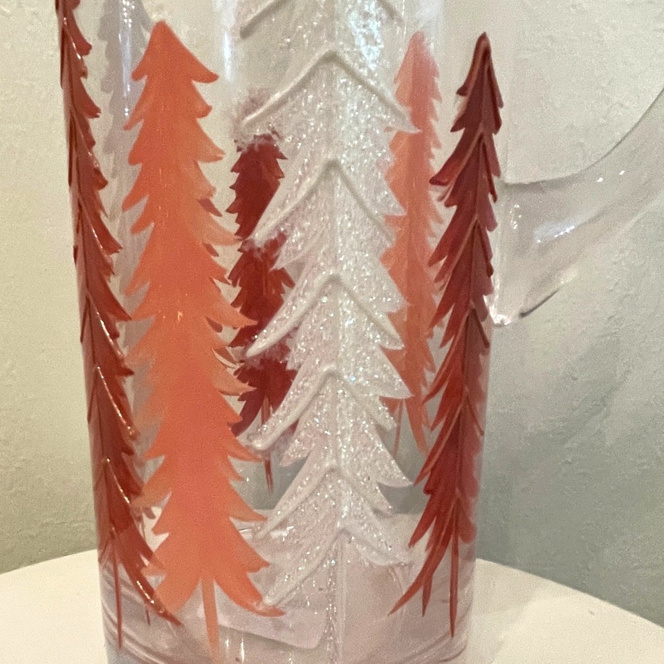 Hand-Painted Glass Pitcher Pink and White Christmas Pine Tree Forest ...