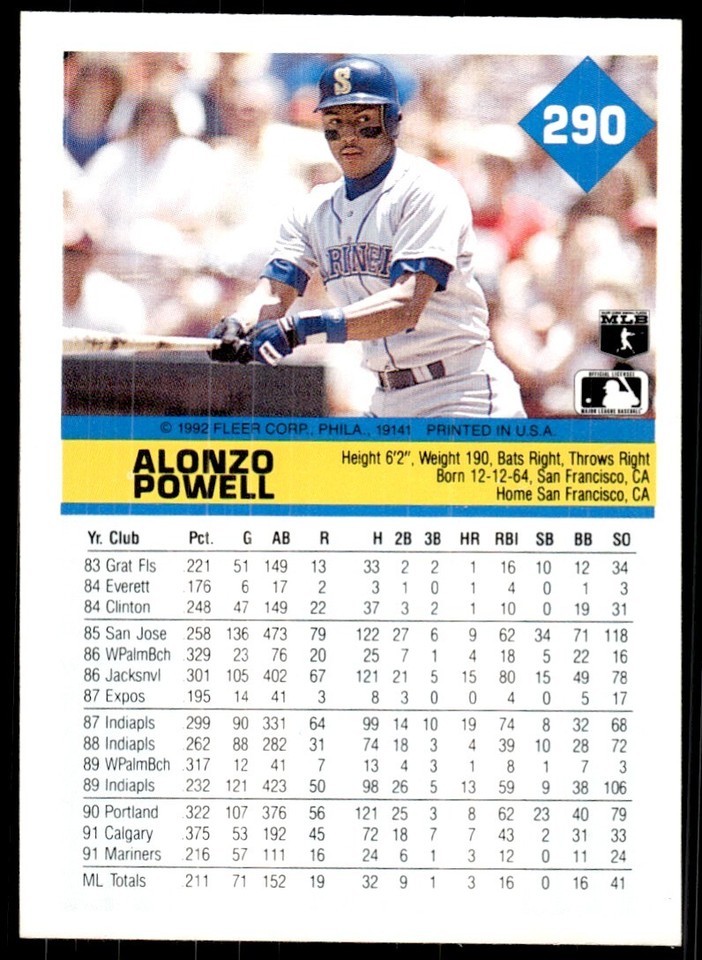 1992 Fleer Baseball Card Alonzo Powell Seattle Mariners #290 | eBay