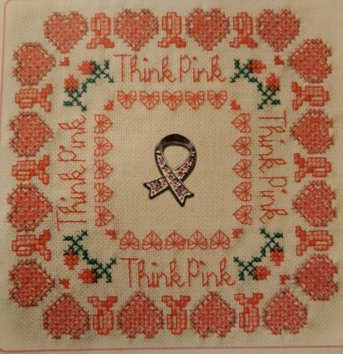 Cross Stitch "THINK PINK" pattern ~ breast cancer awareness, hearts ...