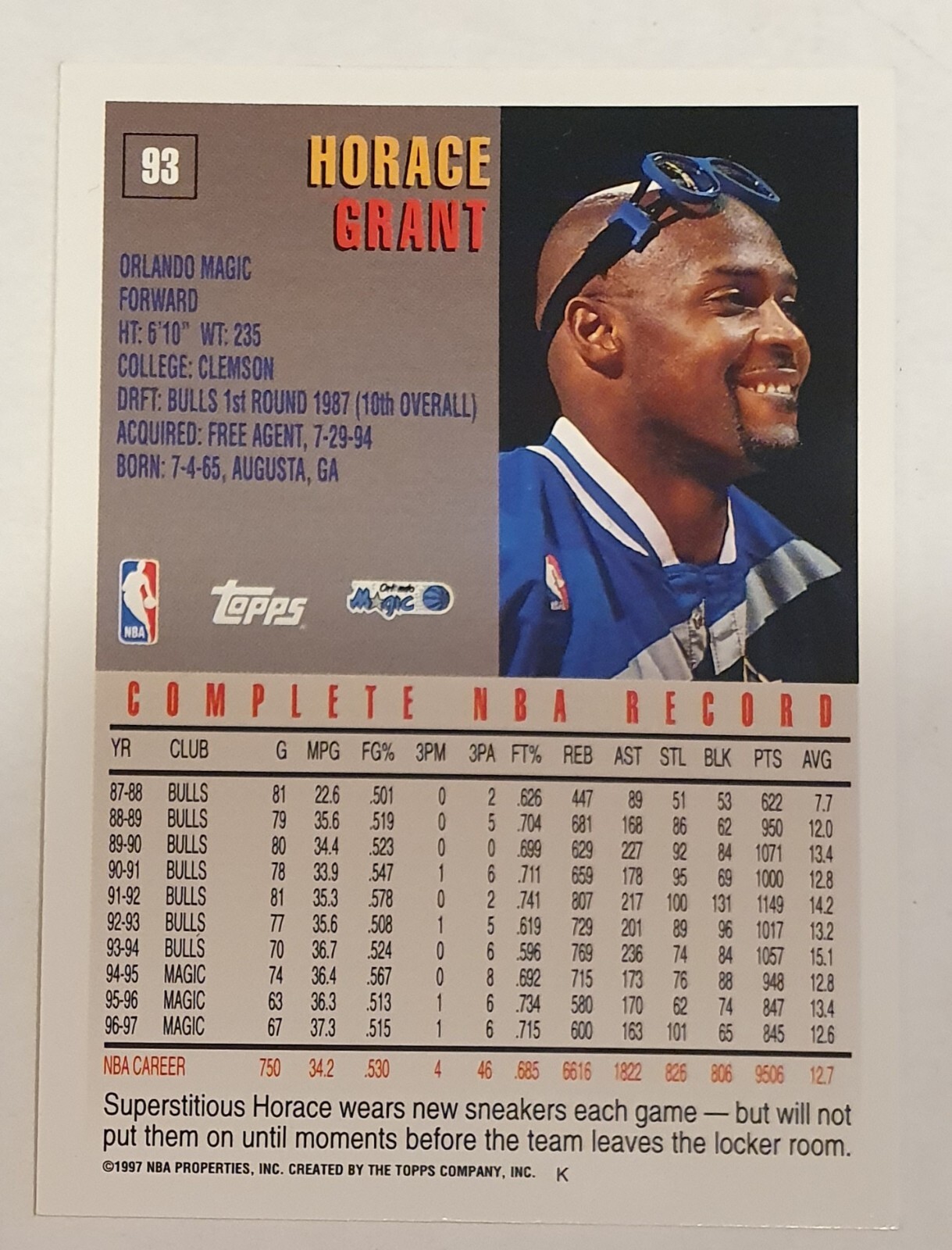 Horace Grant Orlando Magic 1997-98 Topps NBA Basketball Trading Card ...
