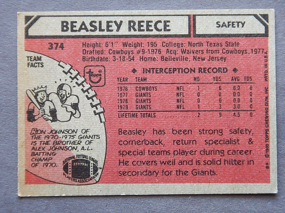 Beasley Reece #374 Topps 1980 Football Card (New York Giants) VG | eBay