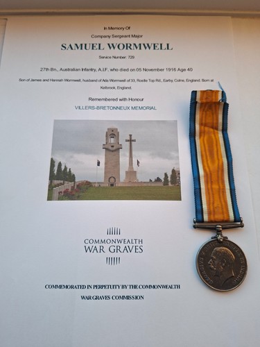 WWI WAR MEDAL,KIA,CSM SAMUEL WORMWELL,27th Bn AUSTRALIAN IMPERIAL FORCE ...