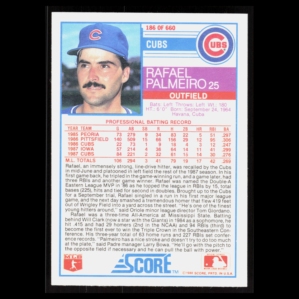 Rafael Palmeiro #186 1988 Score Chicago Cubs Baseball Card MLB | eBay