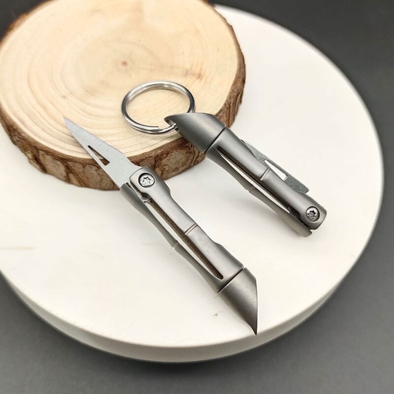 Mini Titanium keychain Bamboo Folding Knife Paper Cutter Outdoor Pocket ...