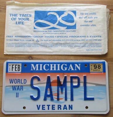 Michigan 1998 MILITARY WORLD WAR II VETERAN SAMPLE License Plate SUPERB ...