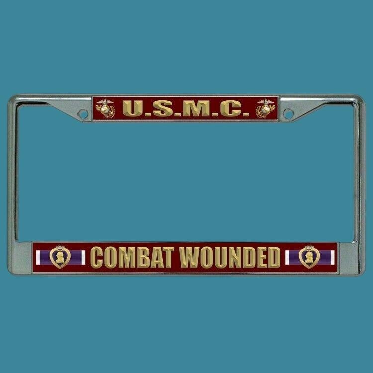 U.S MARINE CORPS COMBAT WOUNDED LICENSE PLATE FRAME PURPLE HEART CHROME ...