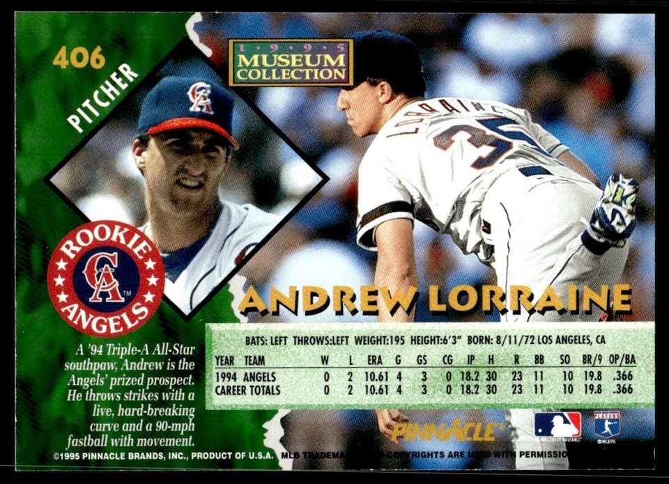 1995 Pinnacle Museum Collection Andrew Lorraine California Angels #406 ...