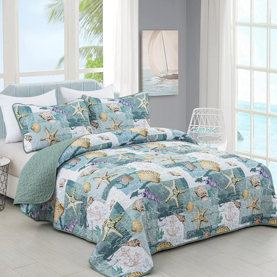 Nautical Quilt Set Queen Coastal Beach Pattern Quilt Coverlet Set Coastal Seasta | eBay